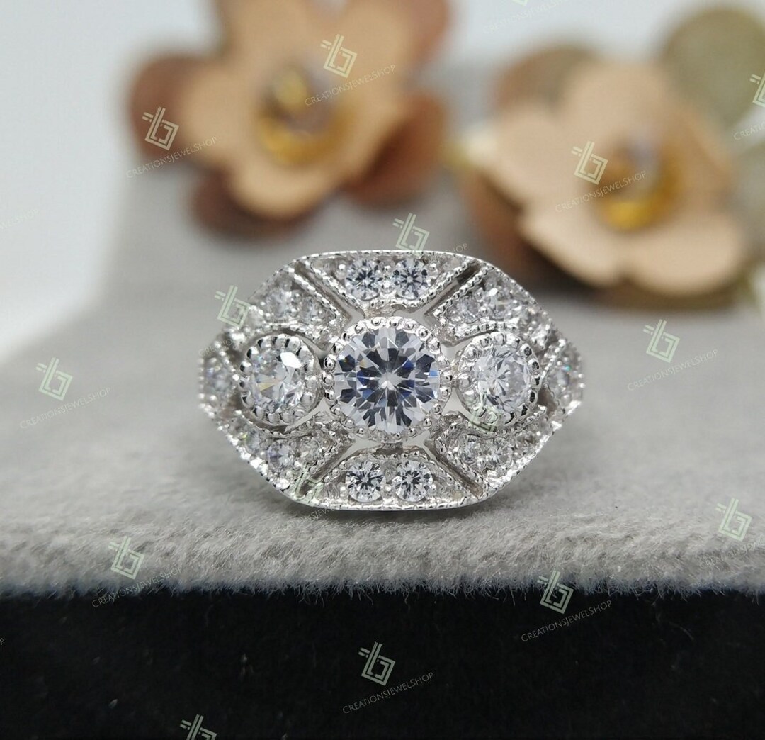 Art Deco Three Stone Ring, Bezel Set Round Cut Moissanite Diamond Ring ...
