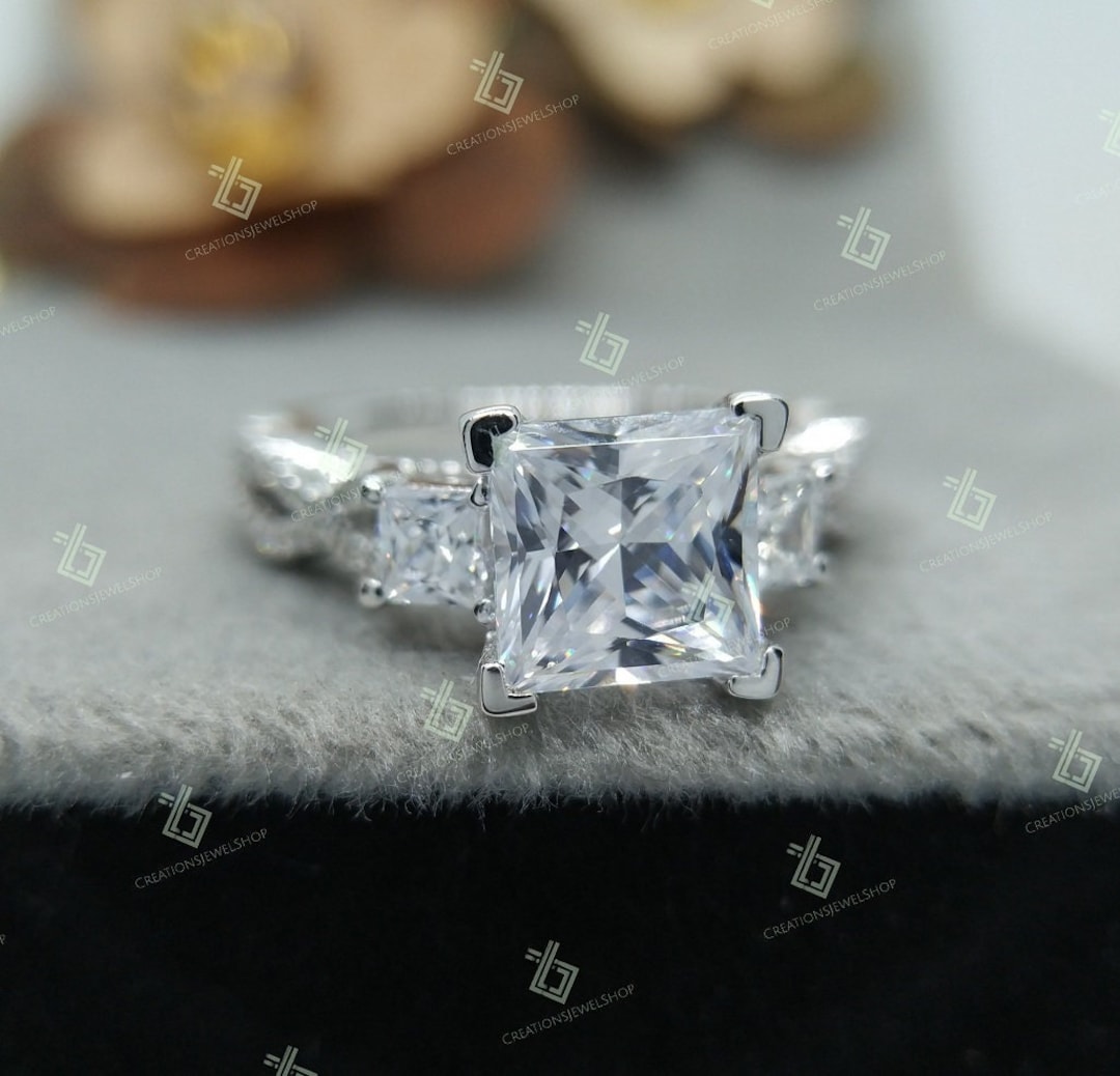 Princess Moissanite Engagement Ring Three Stone Princess Ring Vintage ...