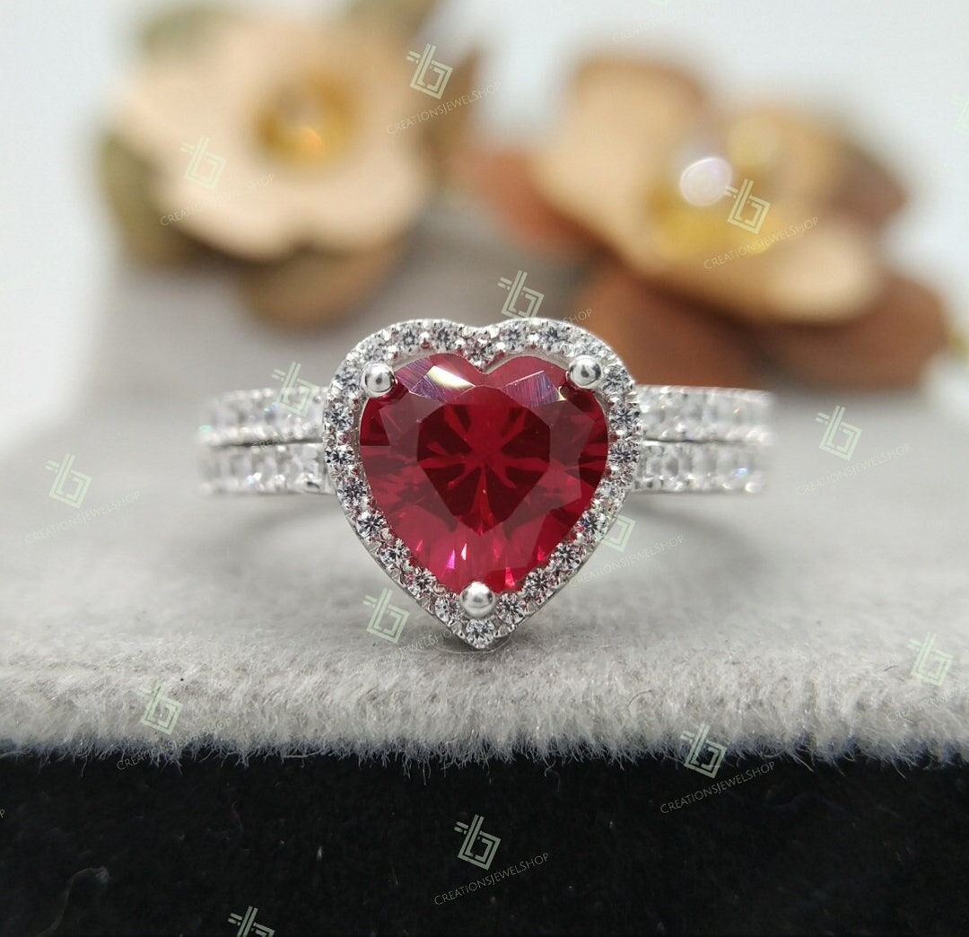 Heart Ruby Rings, July Birthstone Rings, Heart Cut Red Gemstone, 925 ...