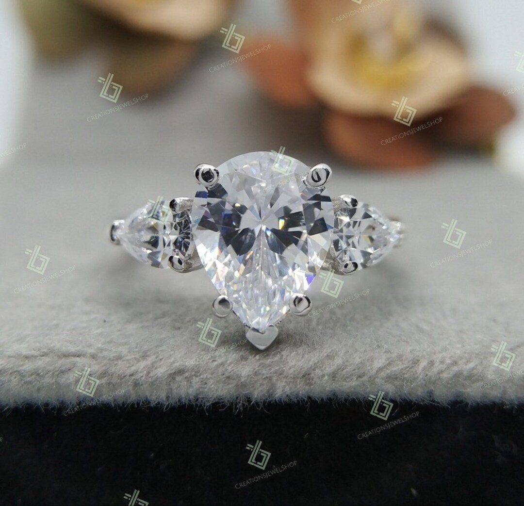 Pear Three Stone Ring / Trilogy Engagement Ring for Women / Pear Lab ...