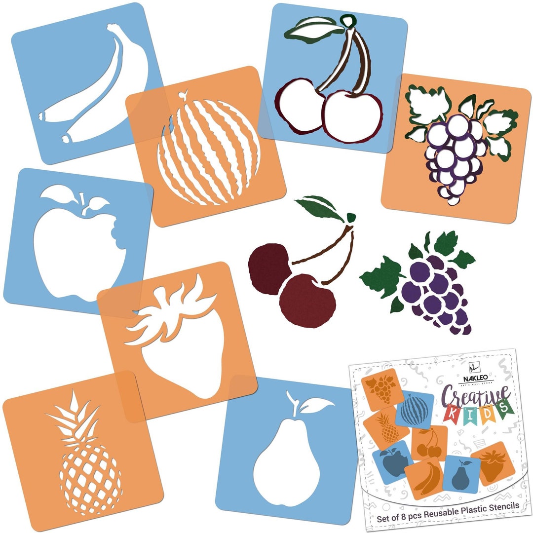 Drawing and Painting Stencil Set for Kids - 8 Pcs - Fruits - 15x15cm ...