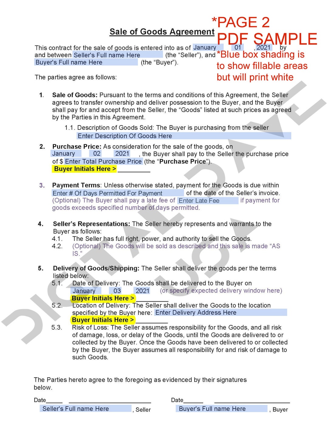 INSTANT Sale of Goods Purchase Template INSTANT Digital Download ...