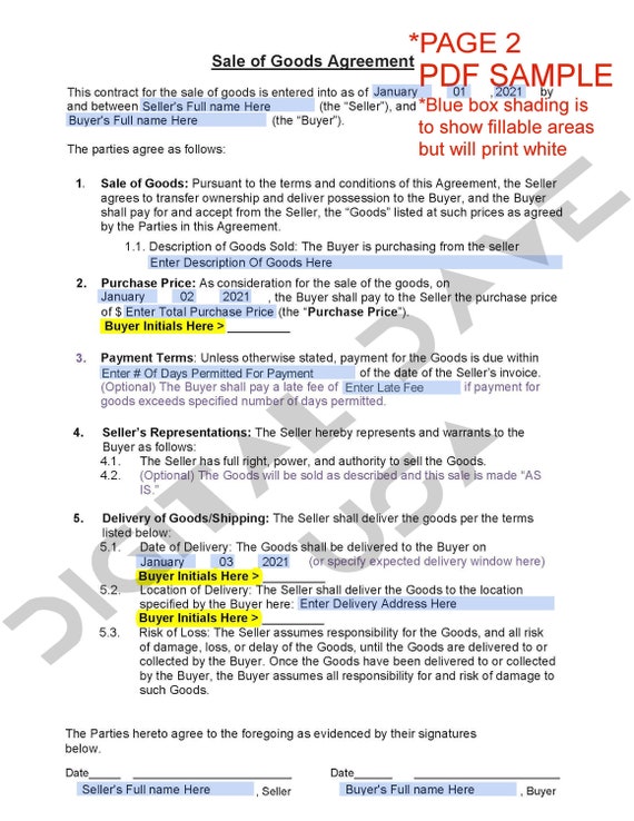 INSTANT Sale of Goods Purchase Template INSTANT Digital - Etsy