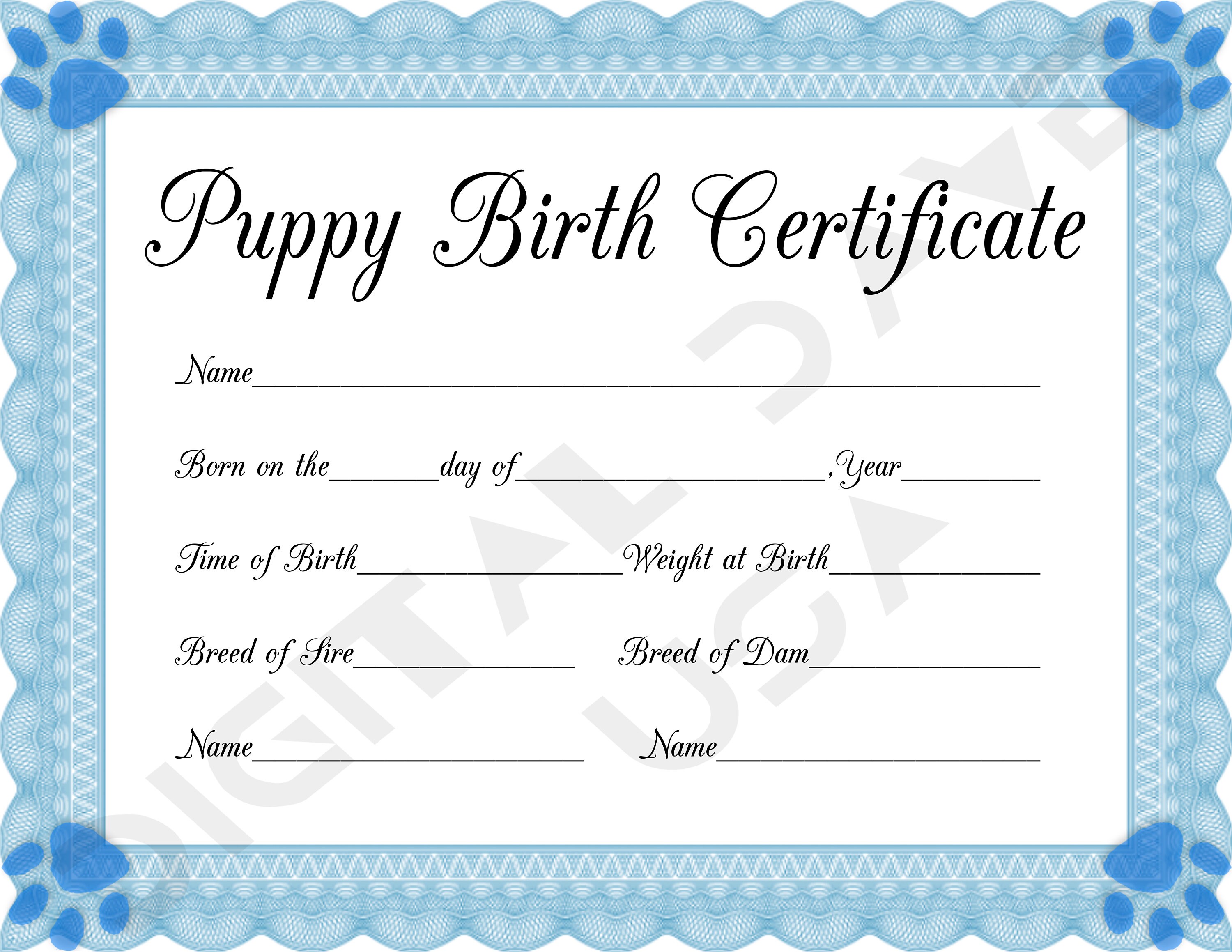 INSTANT Fillable Printable PDF Puppy Birth Certificate (blue-male ...
