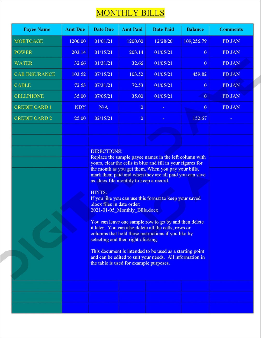 Monthly Bills Template for Microsoft Word INSTANT Digital Download ...