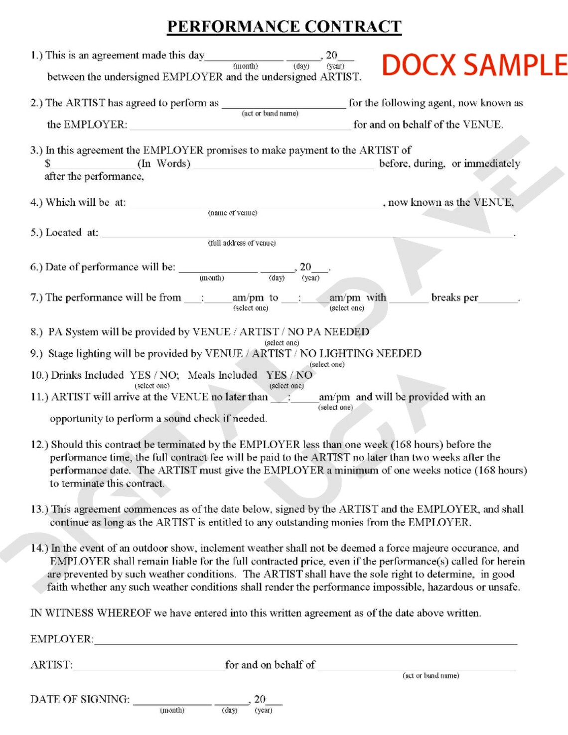 INSTANT Performance Contract Template INSTANT Digital Download ...