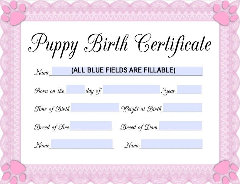 INSTANT Fillable Printable PDF Puppy Birth Certificate (pink-female ...