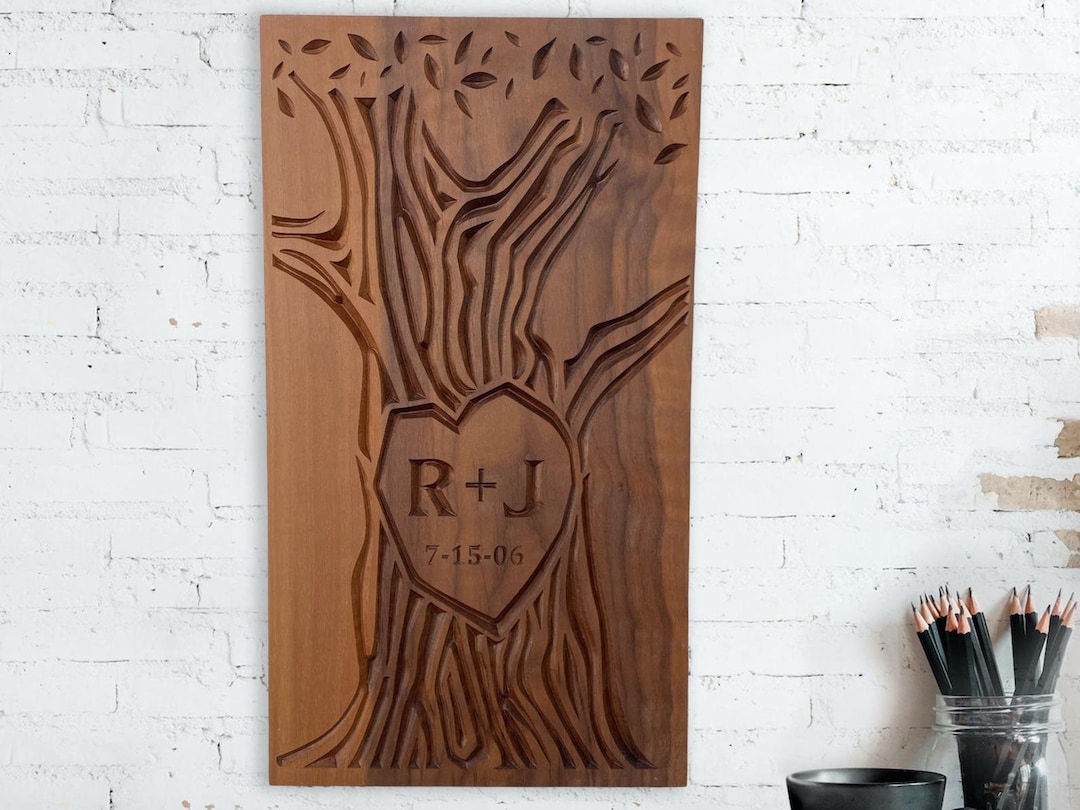 Customizable Tree With Initials Carved in Heart, Custom Black Walnut ...
