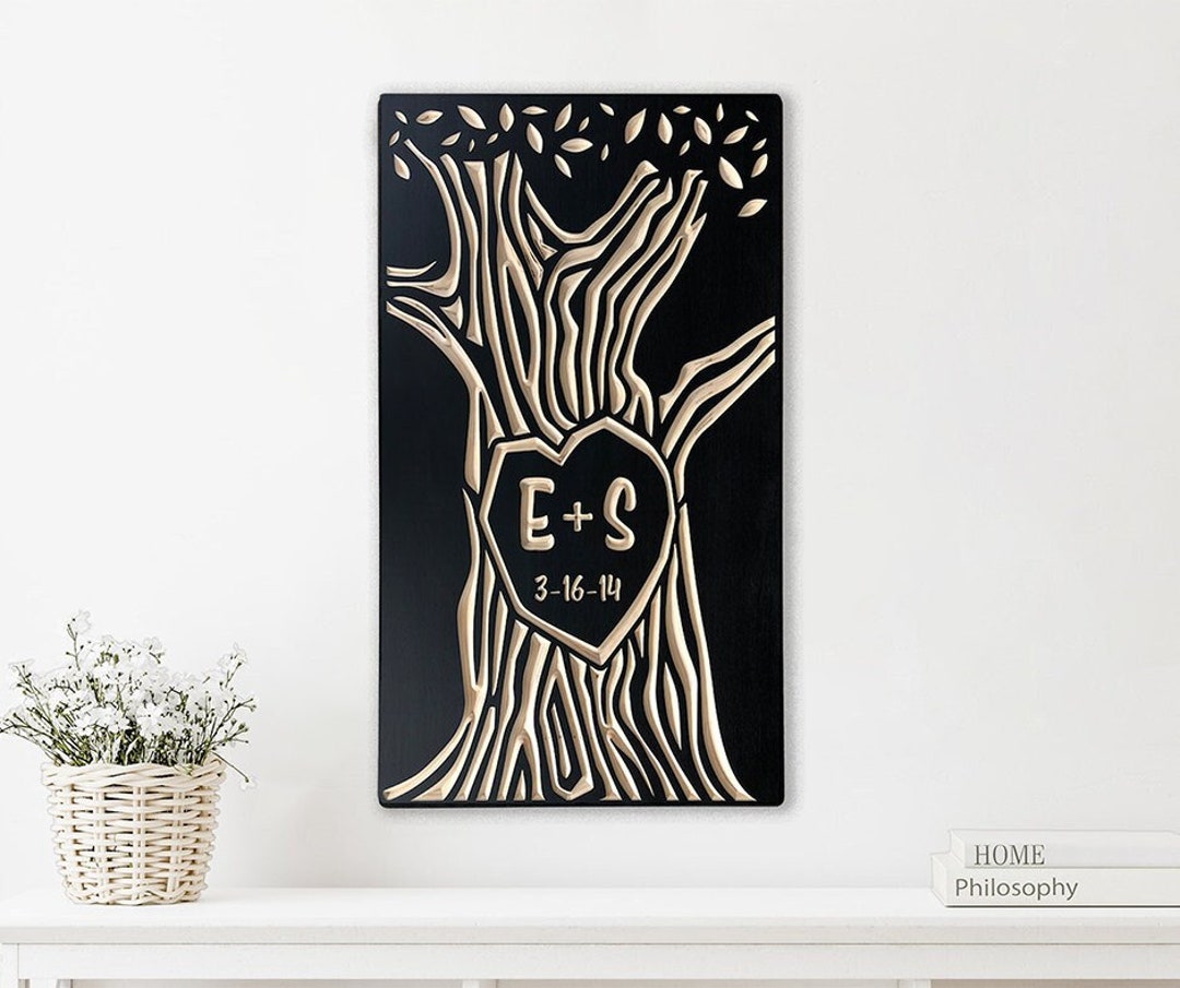 Personalized Carved Tree Wall Art: Initials and Date in Wood, Modern ...