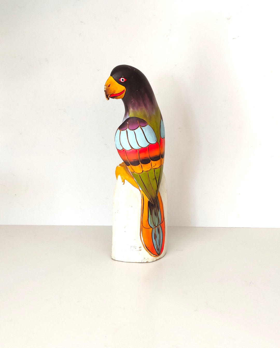 Vintage Carved Wood Parrot, Colourful Parrot Sculpture, Hand Carved and ...