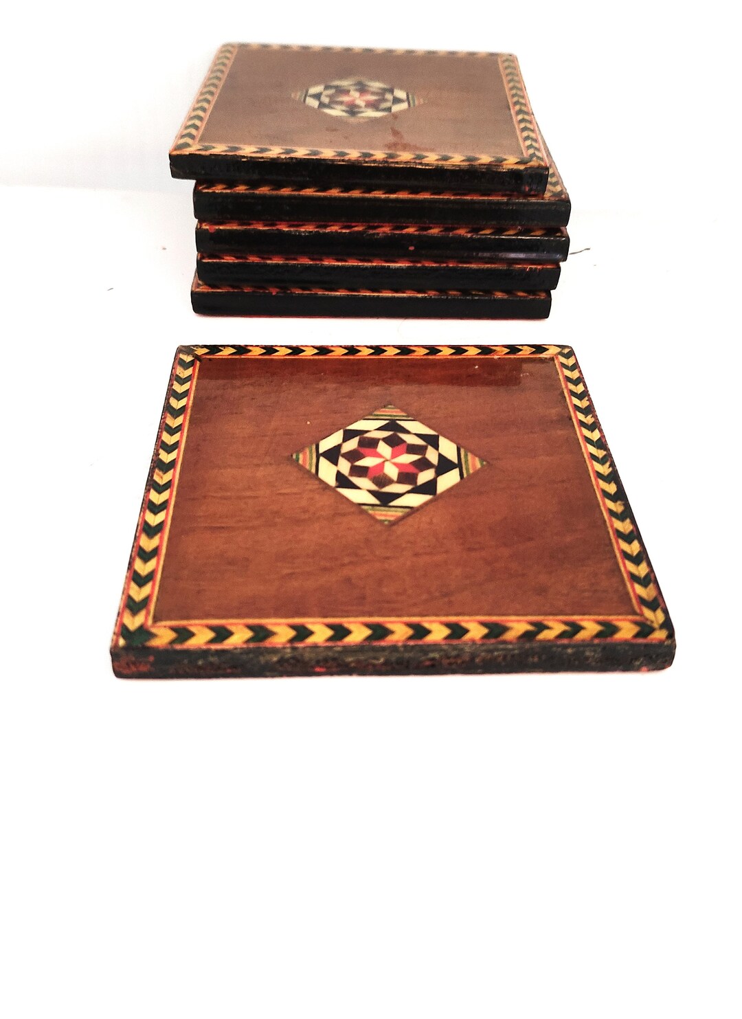 Set of 6 Vintage Wood Inlay Glass Coasters, Oriental Syle, Wood Mandala ...