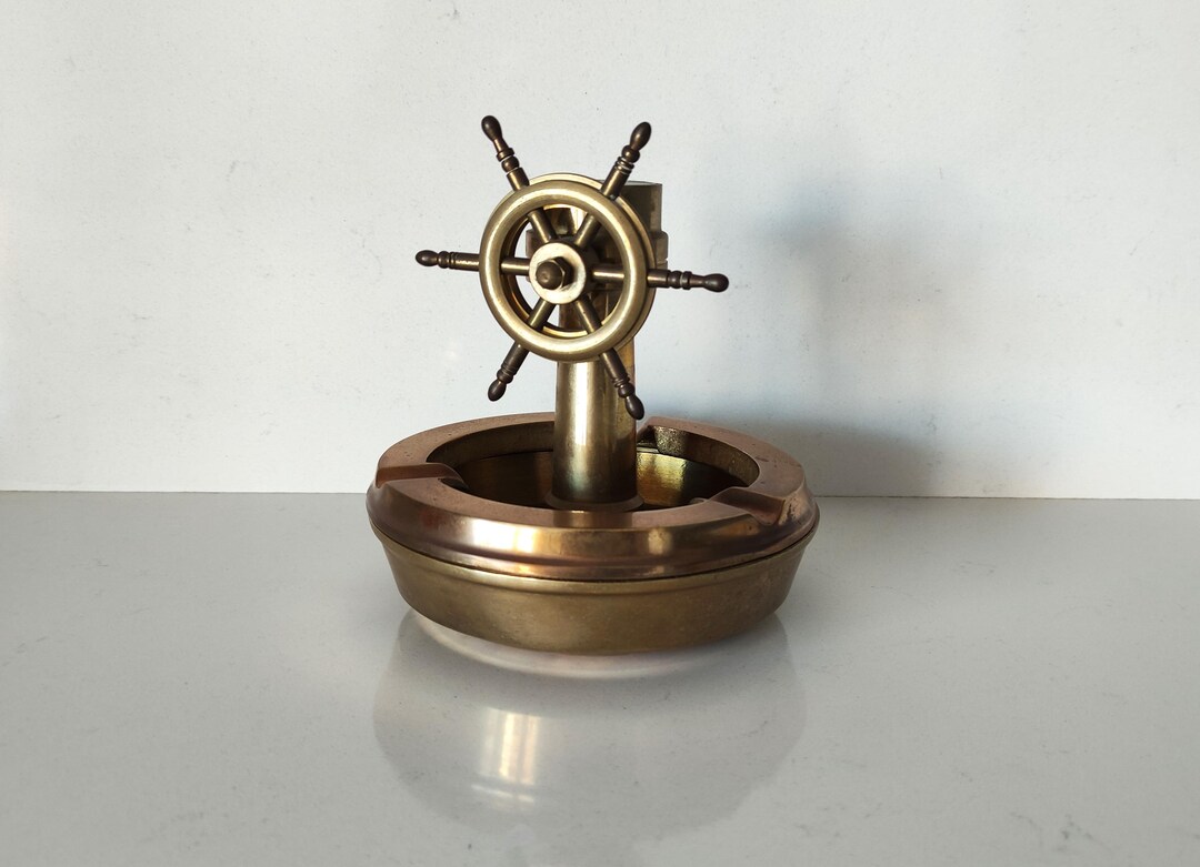 Vintage Nautical Solid Brass Ashtray With a Ship Wheel and a Compass ...