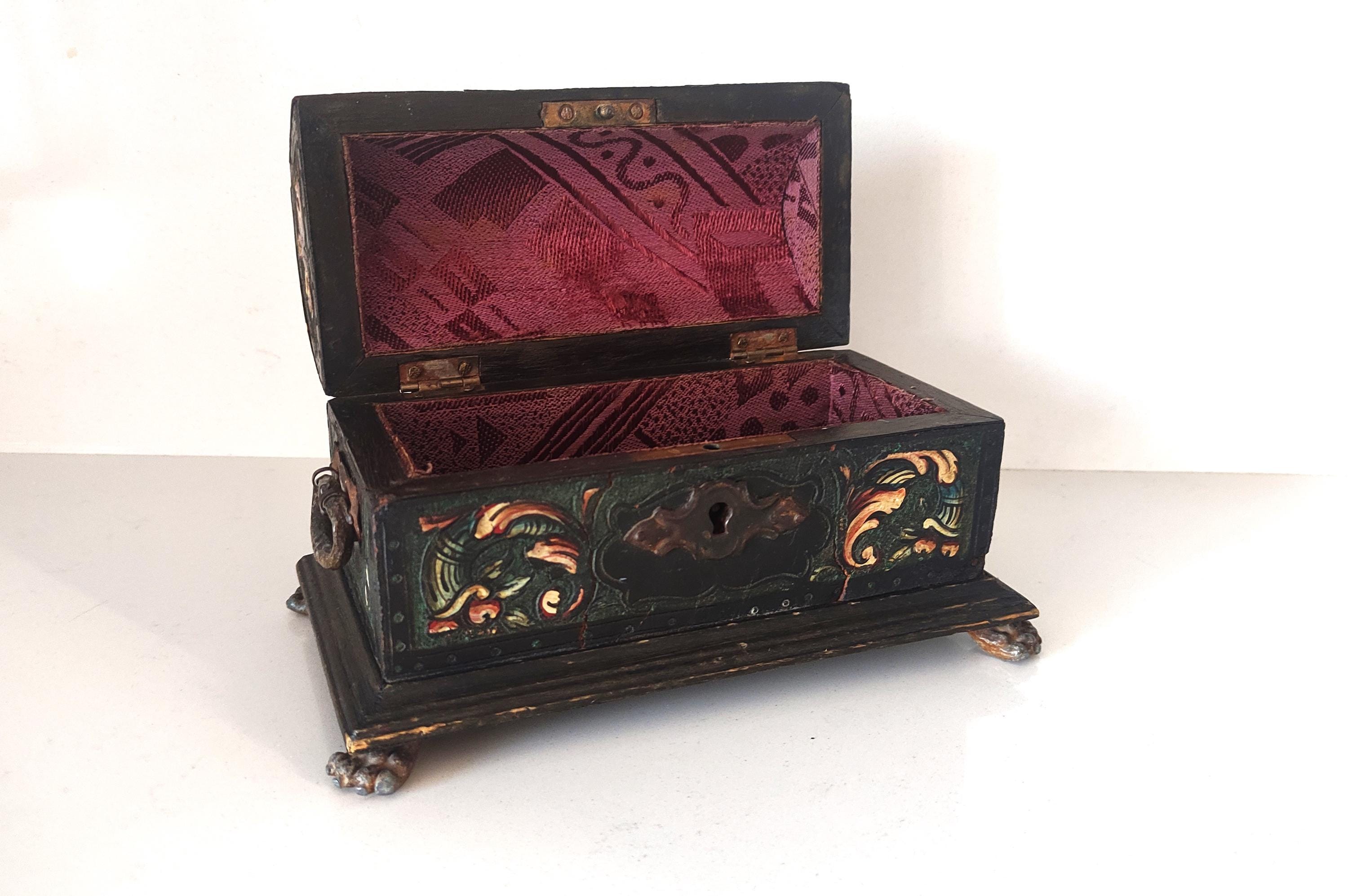 Antique Spanish Jewelry or Storage Box, Carved Wood and Embossed ...