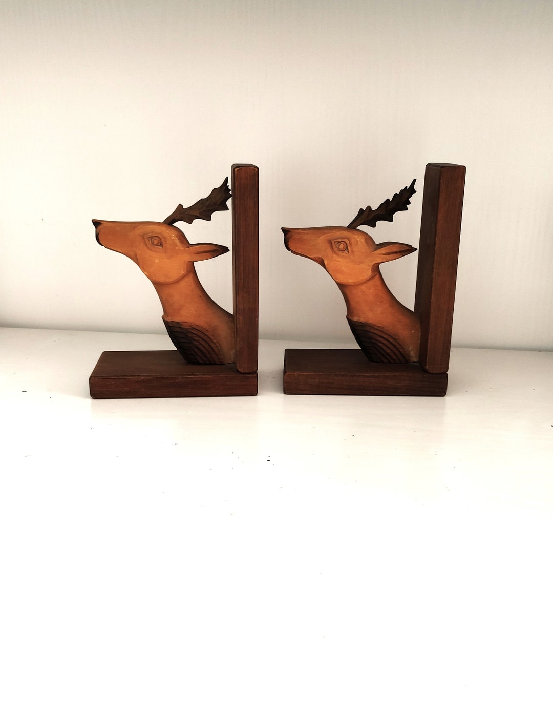 Vintage Hand Carved Bookends, Wood Deers Bookends, Hand Carved Deer ...