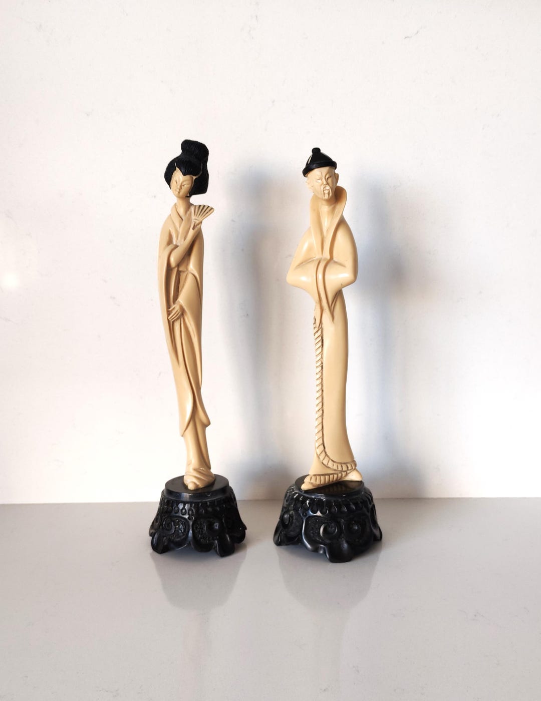 Vintage Faux Ivory Chinese Statuettes, Carved Resin Chinoiserie ...