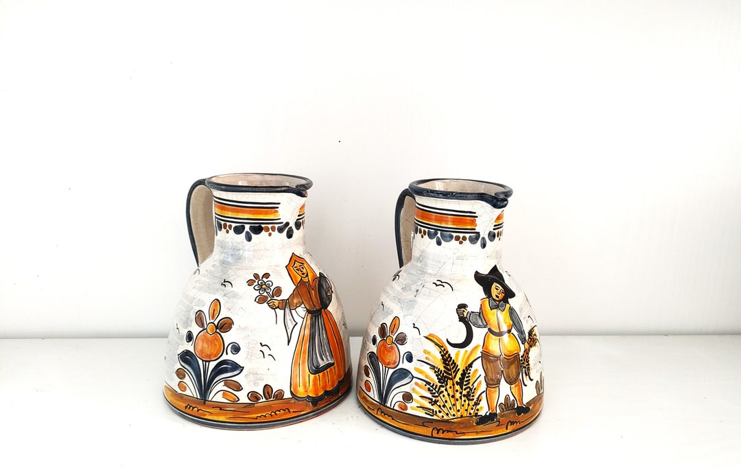 Hand Painted Spanish Pottery Jugs: Rustic Ceramic Pitchers, Set of 2 - Etsy