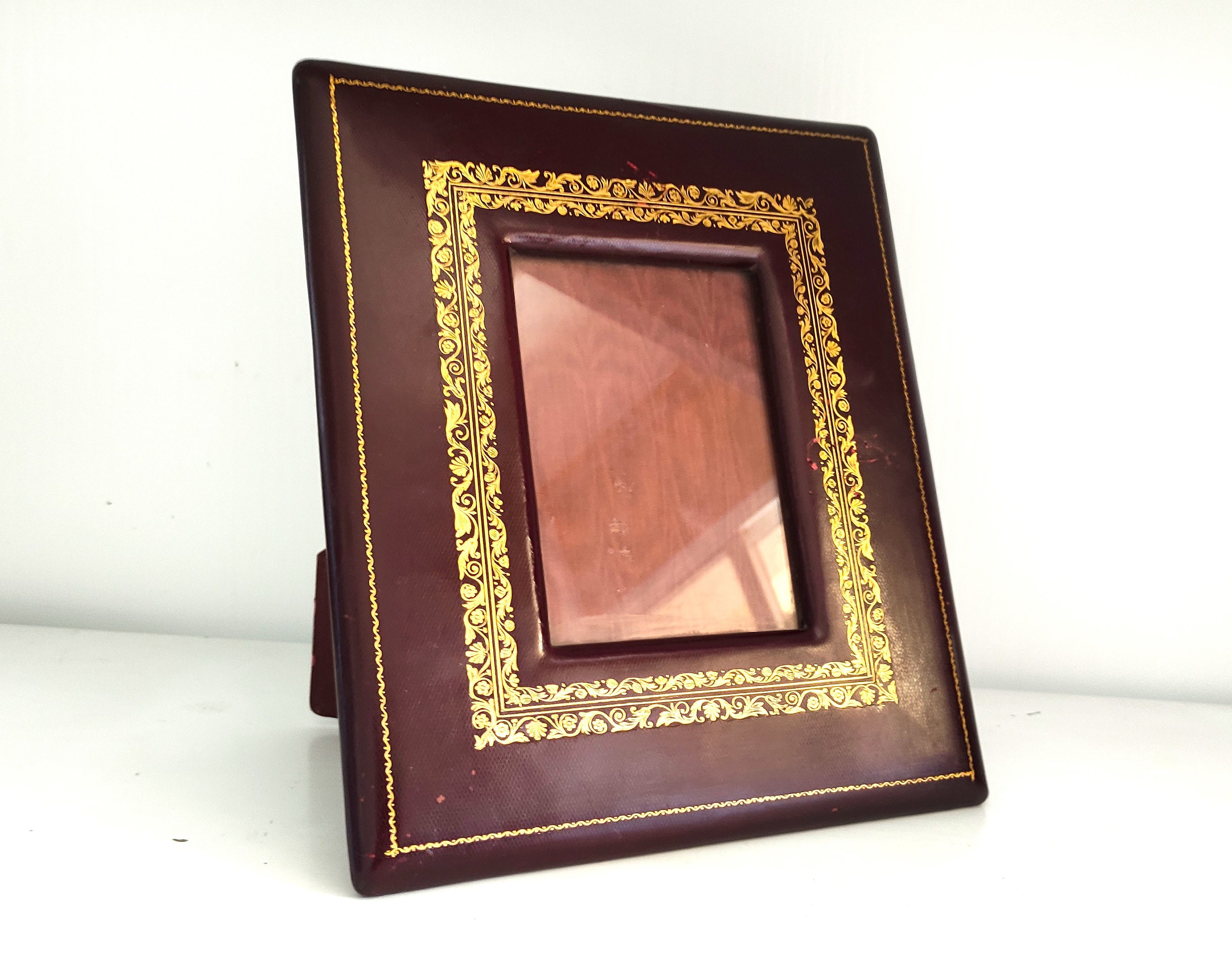 Antique Italian Tabletop Frame, Embossed Leather Photo Frame With Gold ...