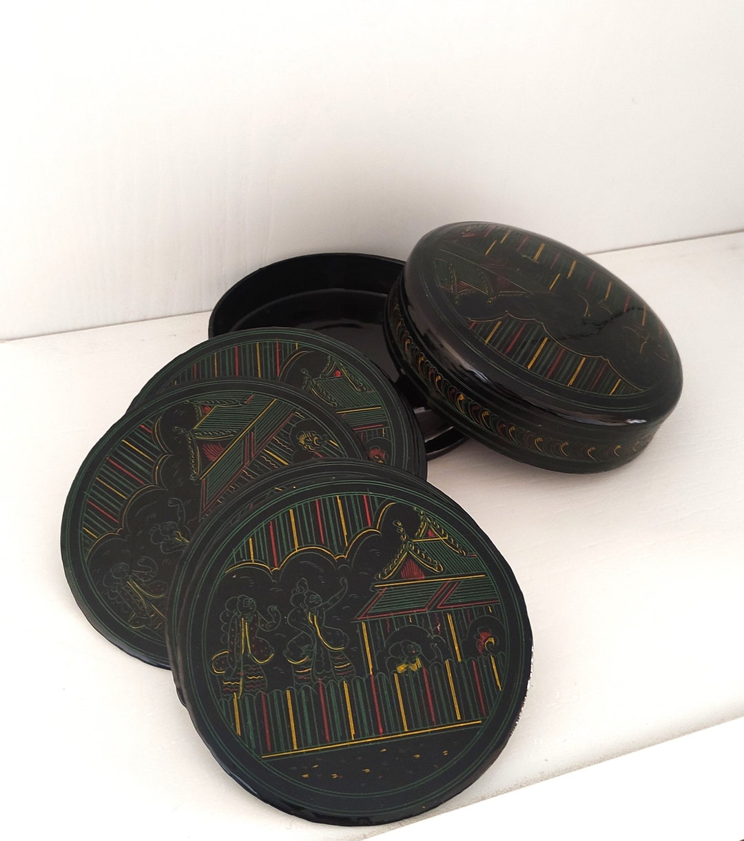 A Set of 6 Black Lacquer Chinese Coasters, in a Box, Vintage Wooden ...