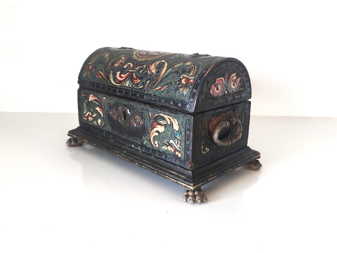 Antique Spanish Jewelry or Storage Box, Carved Wood and Embossed ...