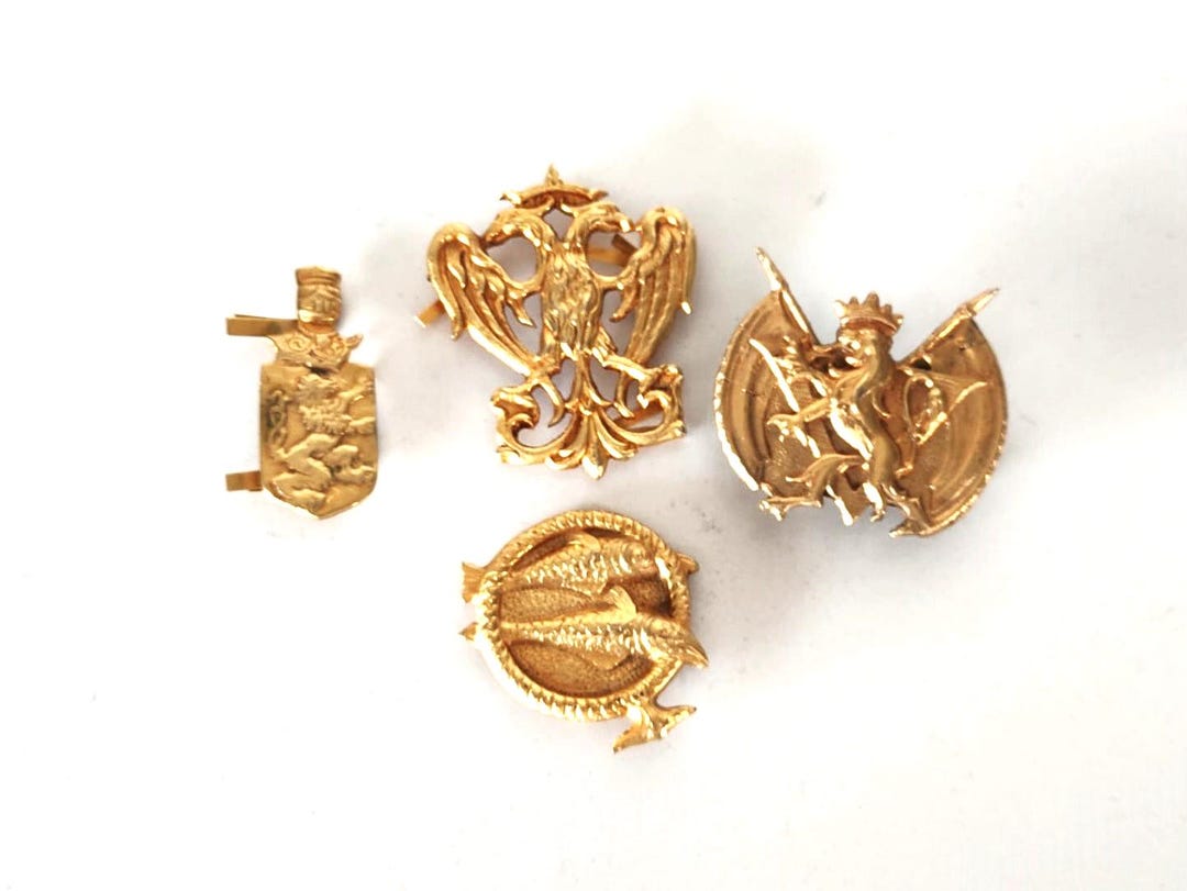 Vintage Military Insignias, Set of 4, Crowned Lion, Double-headed Eagle ...