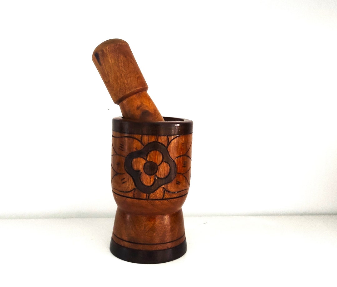 Vintage Wooden Mortar With Pestle for Spices, Hand Decorated Haitian Wooden Mortar, Vintage ...