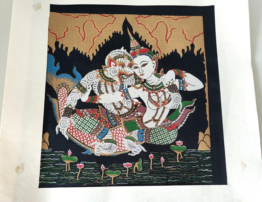 Vintage Thai Wall Decor Print on Cotton – Hanuman & Suvannamaccha ...