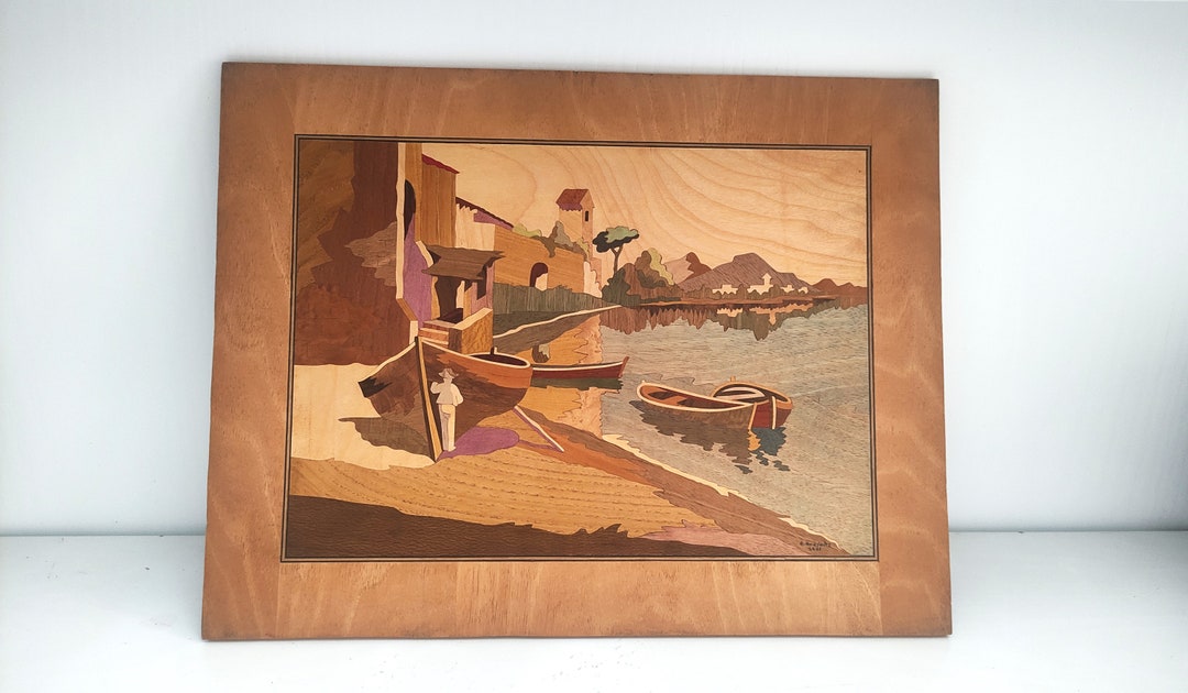Marquetry Wood Painting, Seaside Landscape, Wood Art Wall Hanging ...