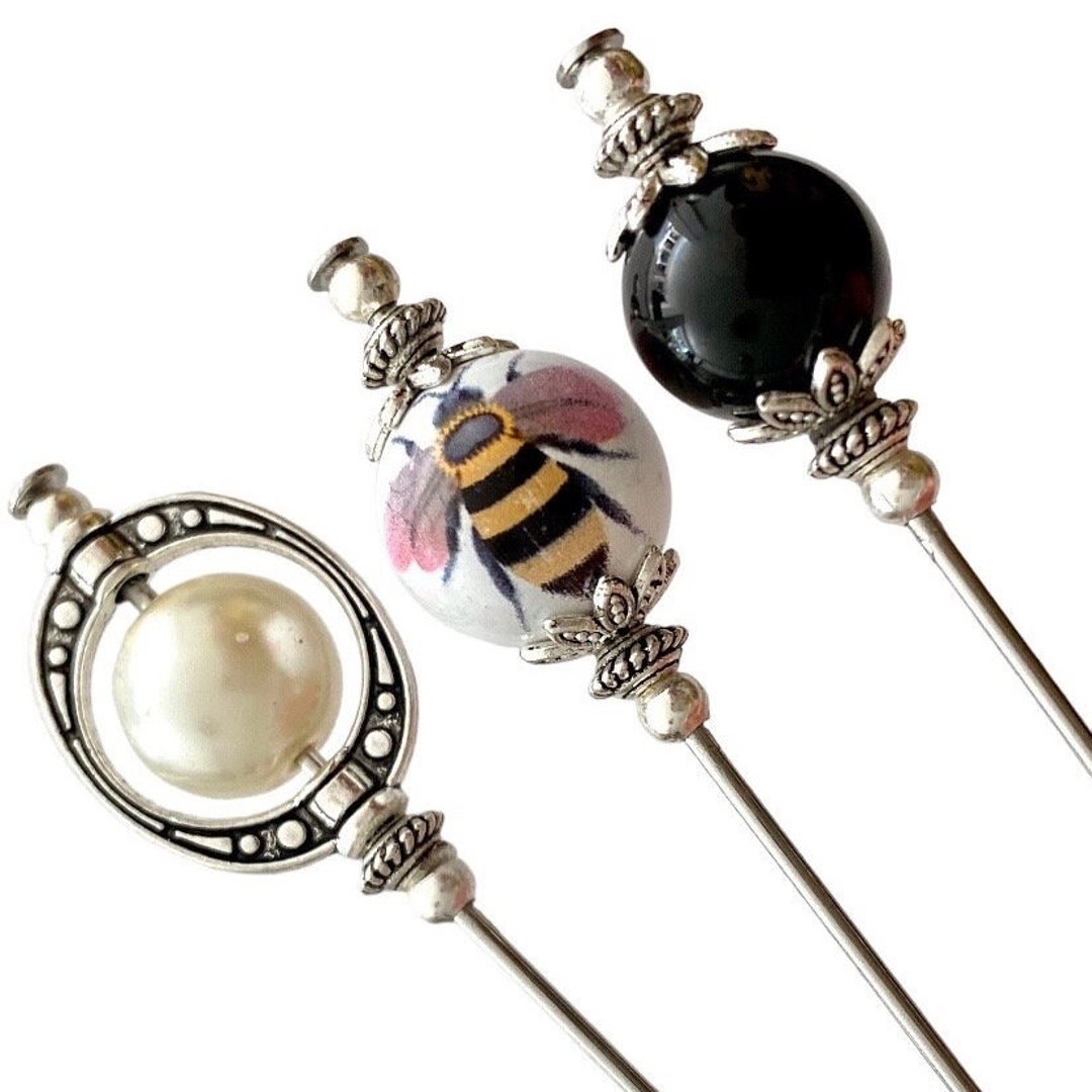 3x Hat Pins Ceramic Bumble Bee Ivory Pearl Onyx Gemstone Silver