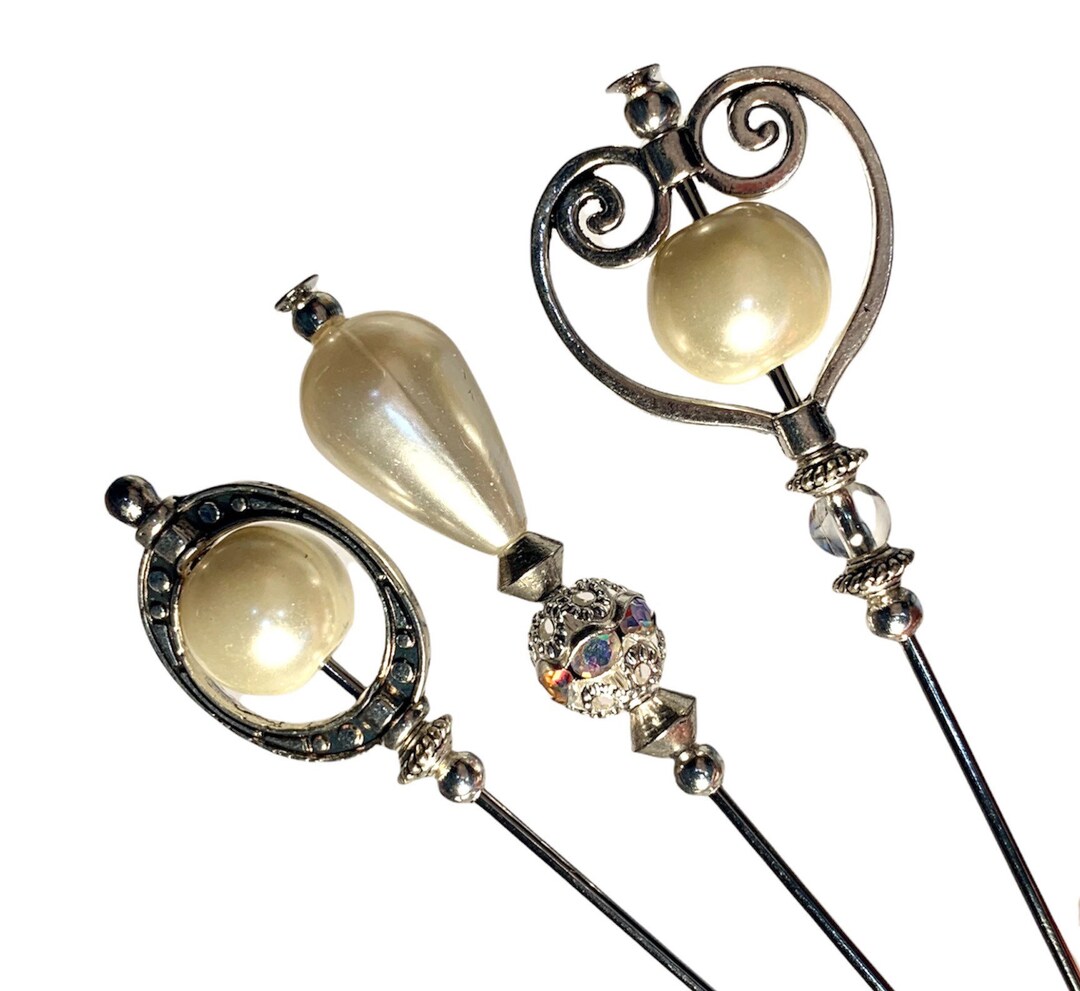 3x Beautiful Hat Pins Glass Pearls And Silver Long Hat Pins Etsy