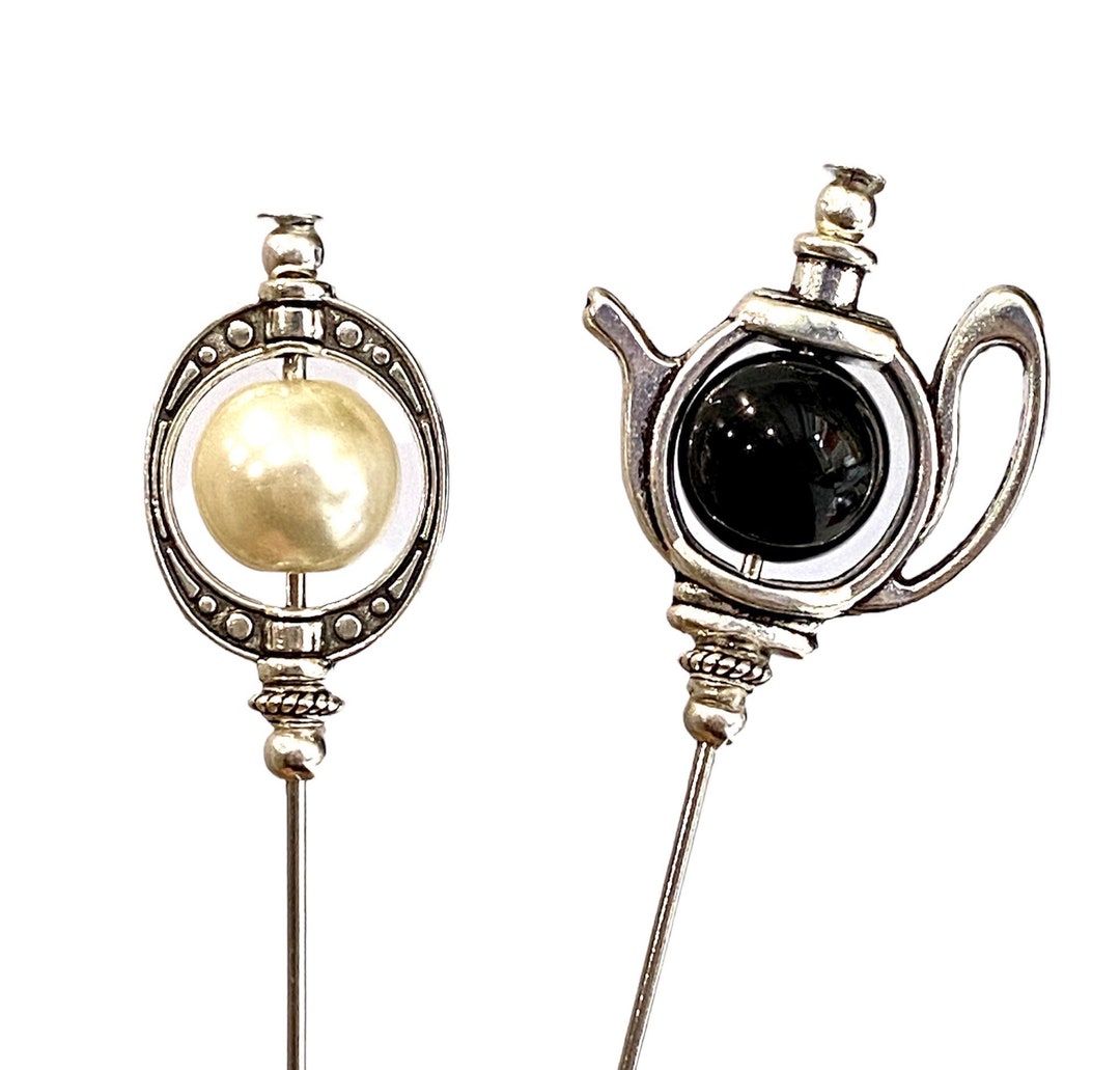 2x Hat Pins Vintage Antique Style Black Onyx Ivory Glass Pearl