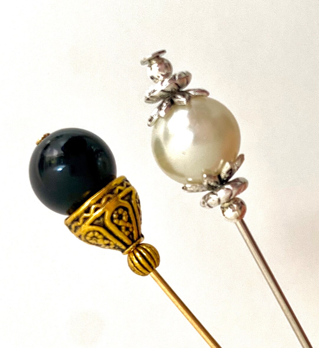 Beautiful Long Pearl Hat Pins in Silver or Gold, Black and Gold, Onyx ...