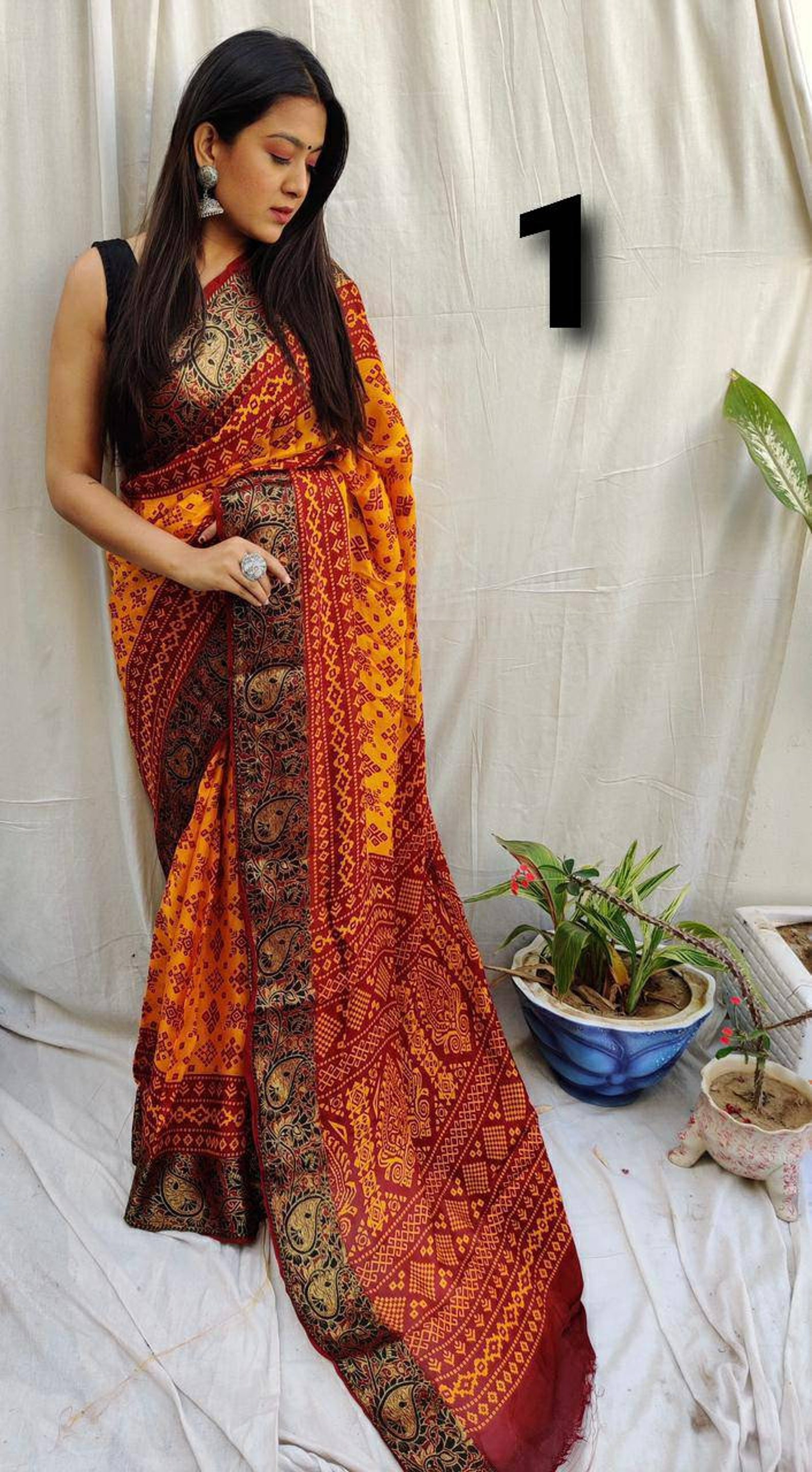 Ajrakh Print Bandhani Saree with Blouse Piece Traditional | Etsy