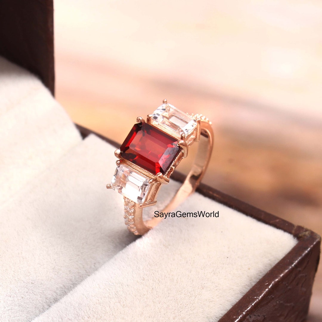 AAA Mozambique Garnet Ring, Natural Garnet Ring, Emerald Cut Garnet ...