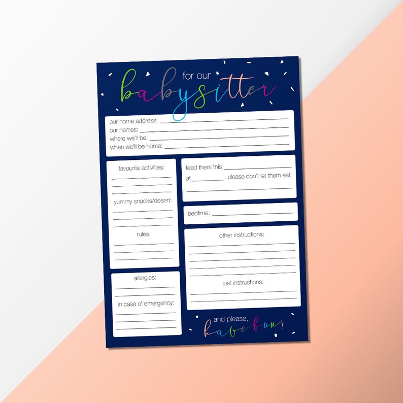 Babysitter Printable Chart, Digital Download, Babysitter, Nanny Notes ...