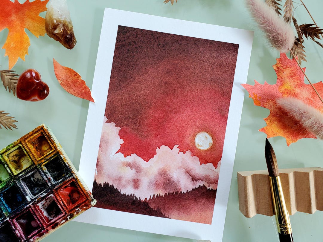 Blood Moon Rising, Full Moon Art, 4x6 Print, Original Watercolor Print ...