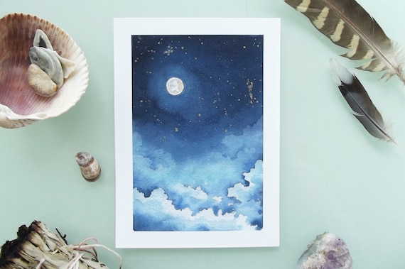 Dreamy Moon in Indigo Full Moon Art 4x6 Print Original | Etsy