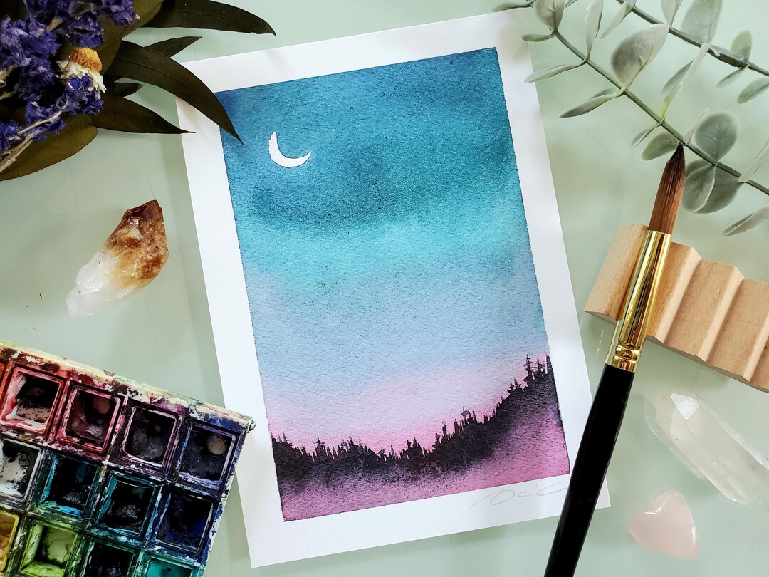 Waning Crescent in Winter, Crescent Moon Print, 4x6 Watercolor Print ...