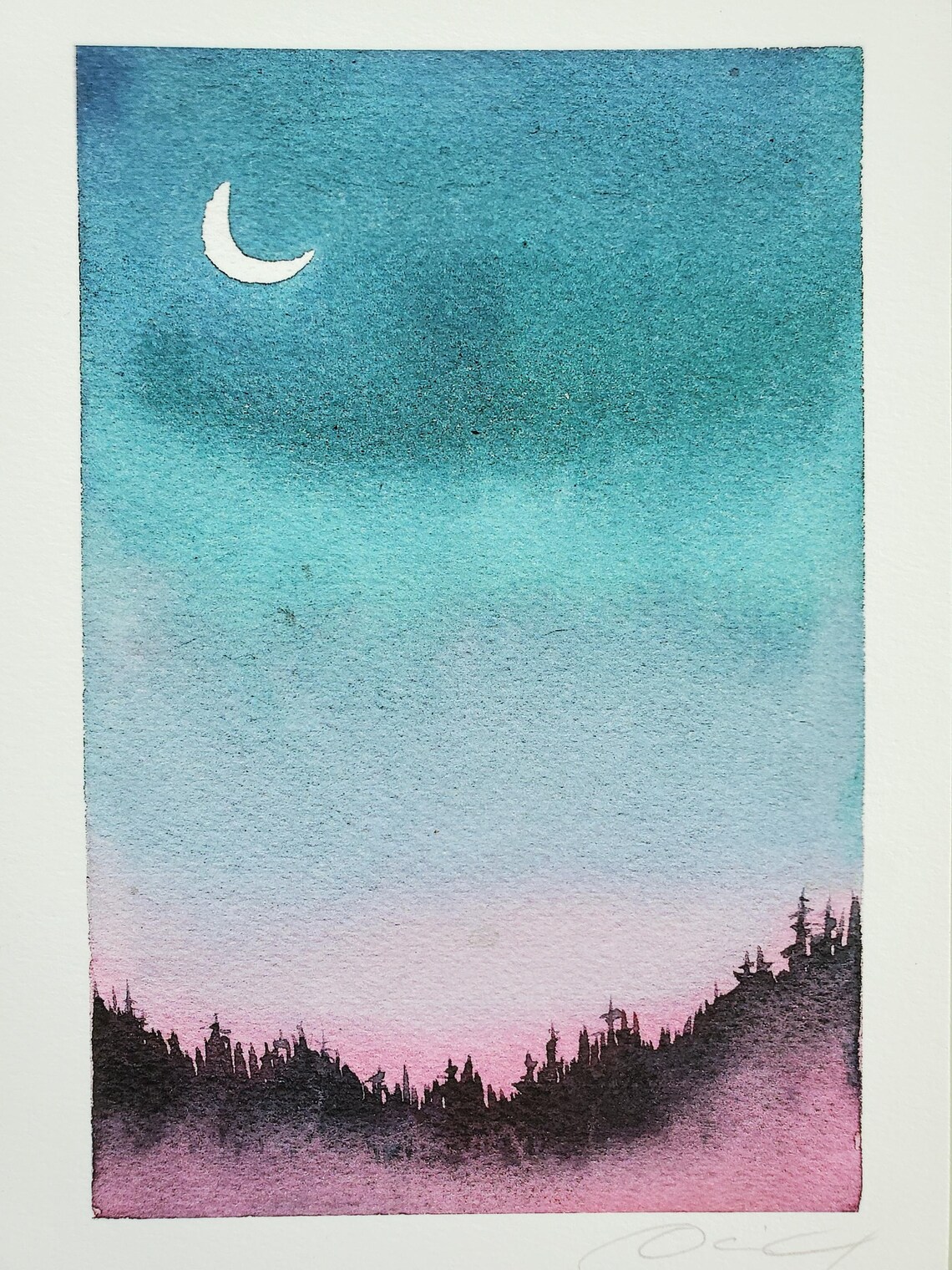Waning Crescent in Winter, Crescent Moon Print, 4x6 Watercolor Print ...