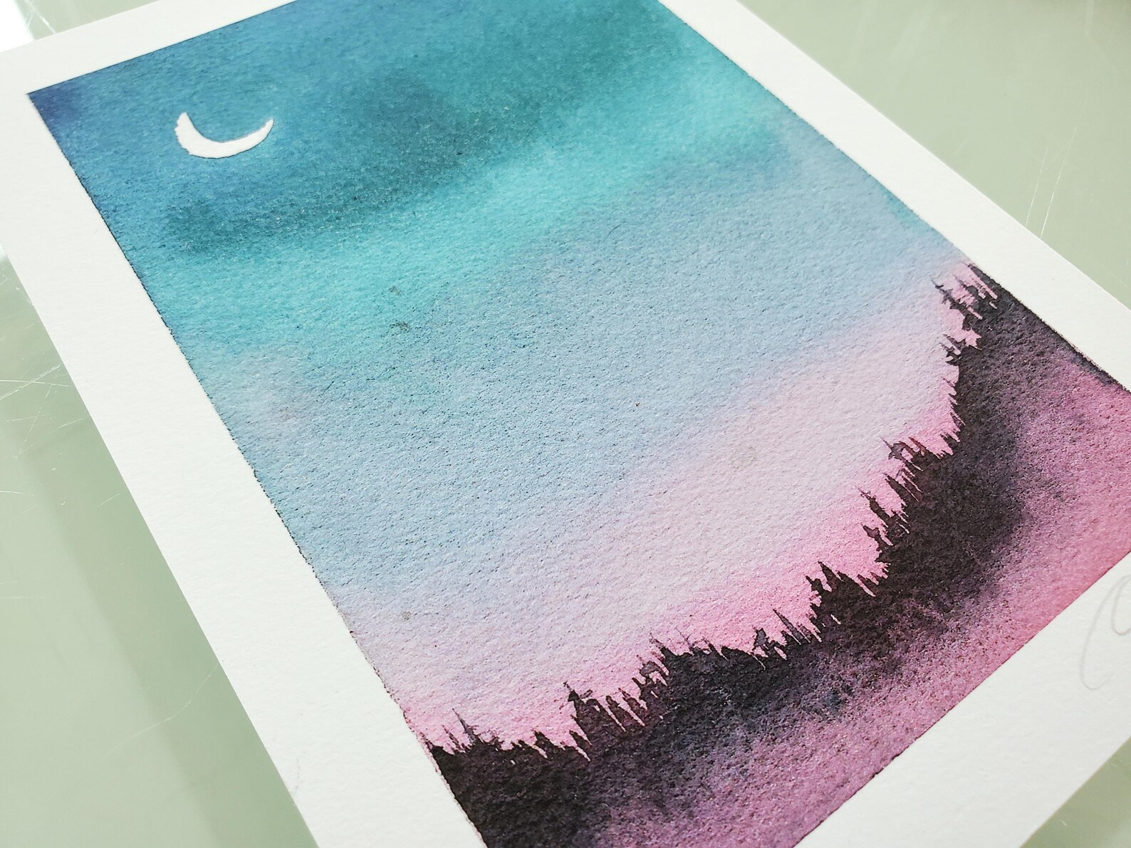 Waning Crescent in Winter, Crescent Moon Print, 4x6 Watercolor Print ...