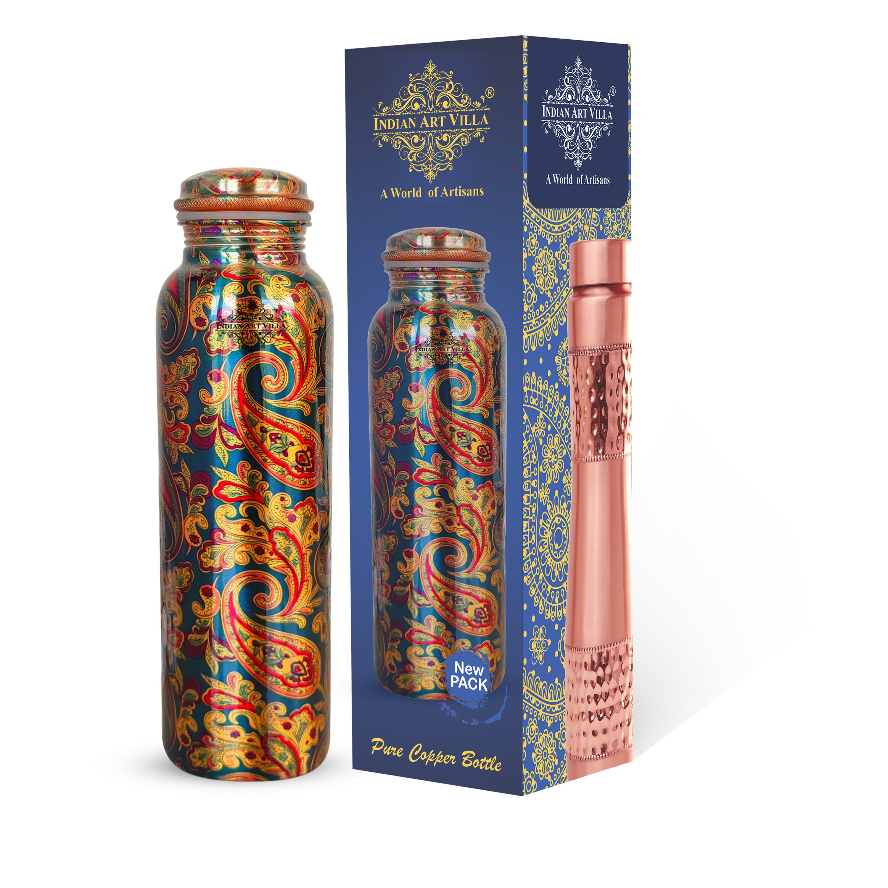 Indian Art Villa Printed Copper Water Bottle With Multiple Sizes ...