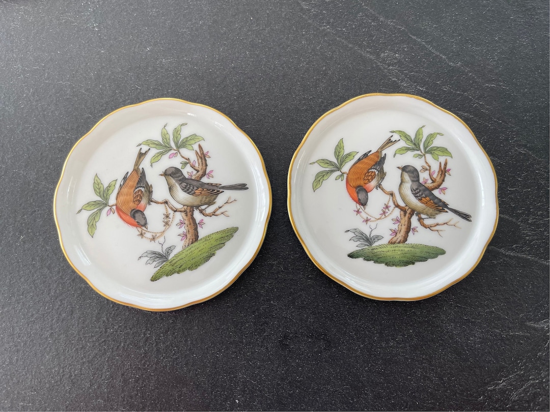 A Pair Vintage Herend Rothschild Bird Trinket Dish -coaster- Small Pat ...