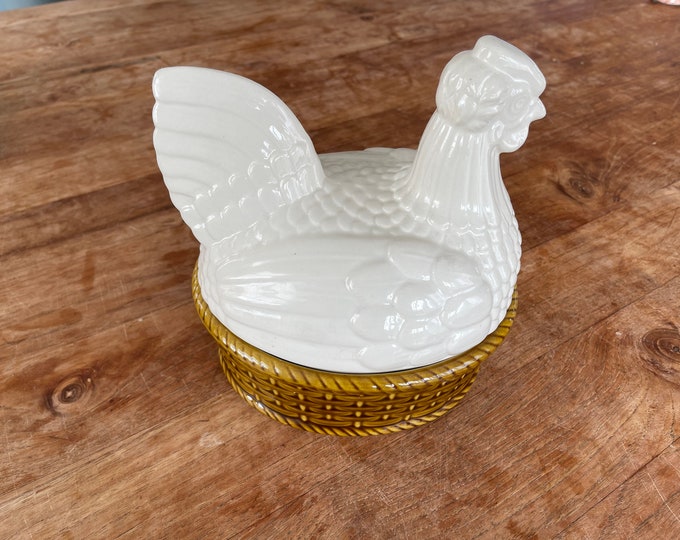 Vintage Ceramic Chicken on Nest - Ceramic Egg Basket / Candy Basket ...