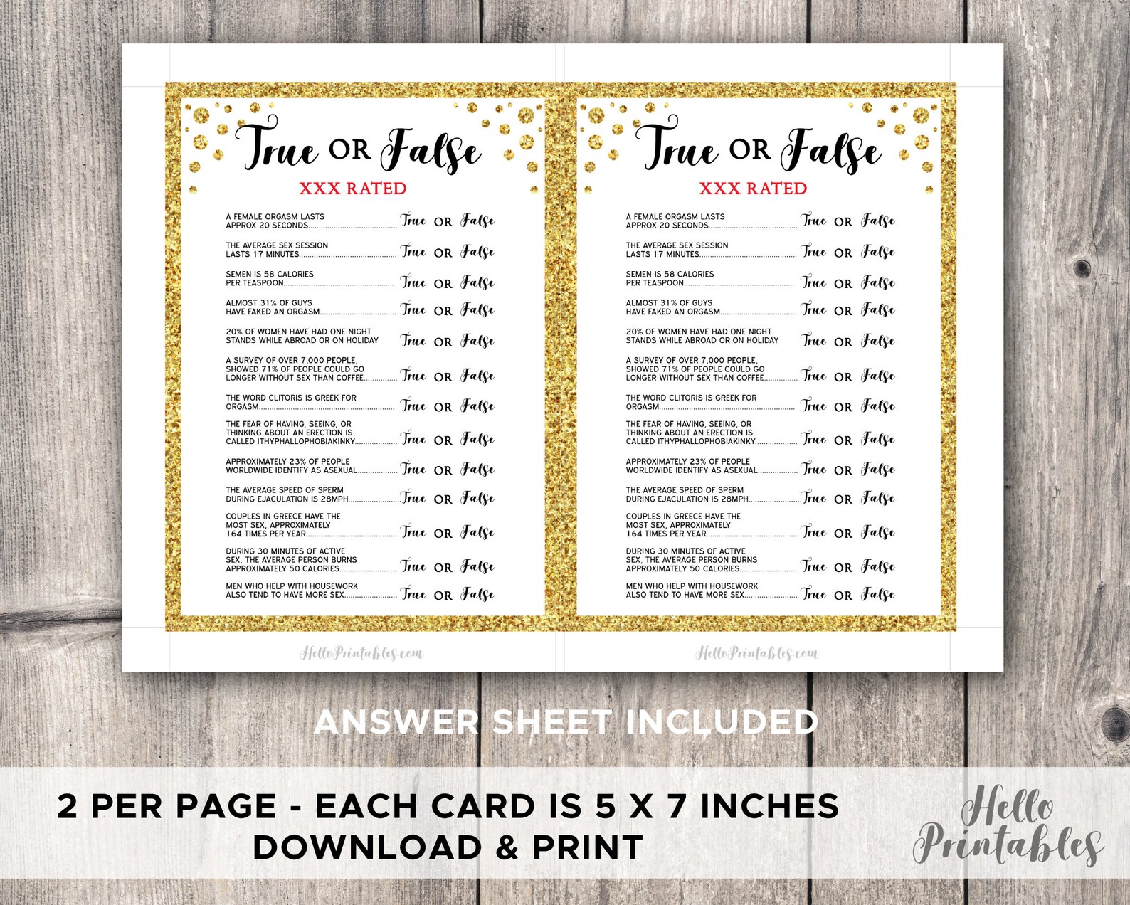 True or False Sex X-rated Guess Bridal Shower Game Bachelorette Gold ...