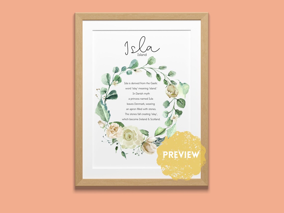 Isla Name Meaning Floral Art Print: Nursery Decor (PDF) - Etsy