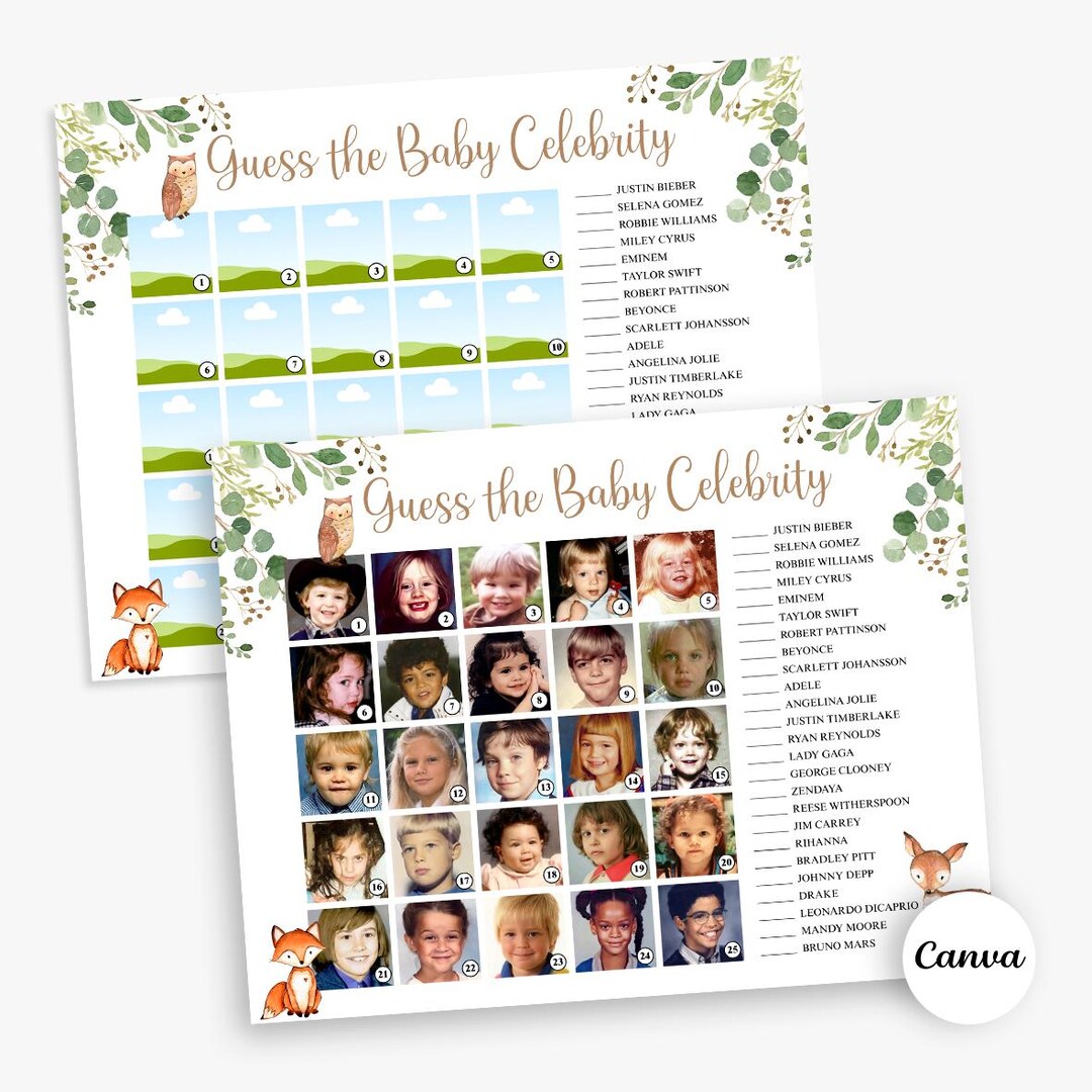 Editable Woodland Baby Shower Game: Guess the Baby Celebrity (printable ...