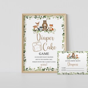 Diaper Cake Game, Woodland Baby Shower, Guess How Many Diapers, Forest ...