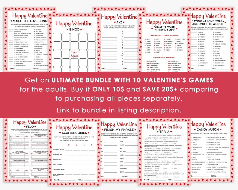 Love Song Match Game, Valentine's Day Game for Adults, Valentines Party ...