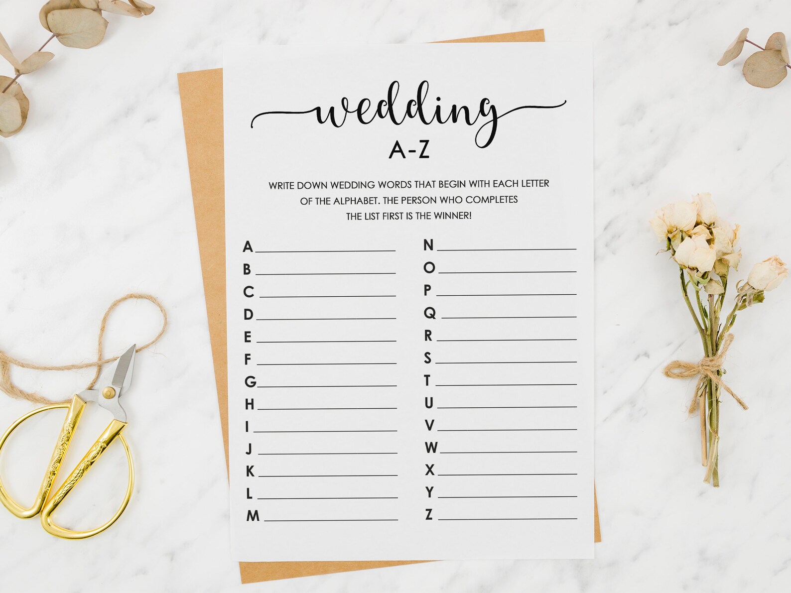 Wedding A-Z Game Rustic Bridal Shower Bridal Alphabet Game - Etsy