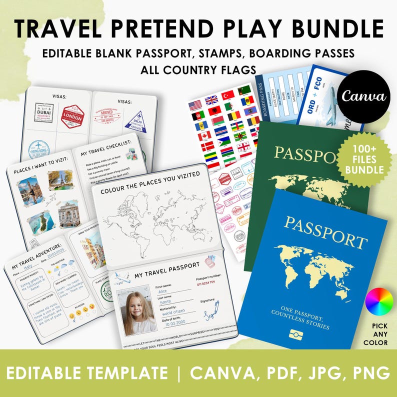 Editable Passport for Kids for Pretend Play Travel and Learning, Bundle ...