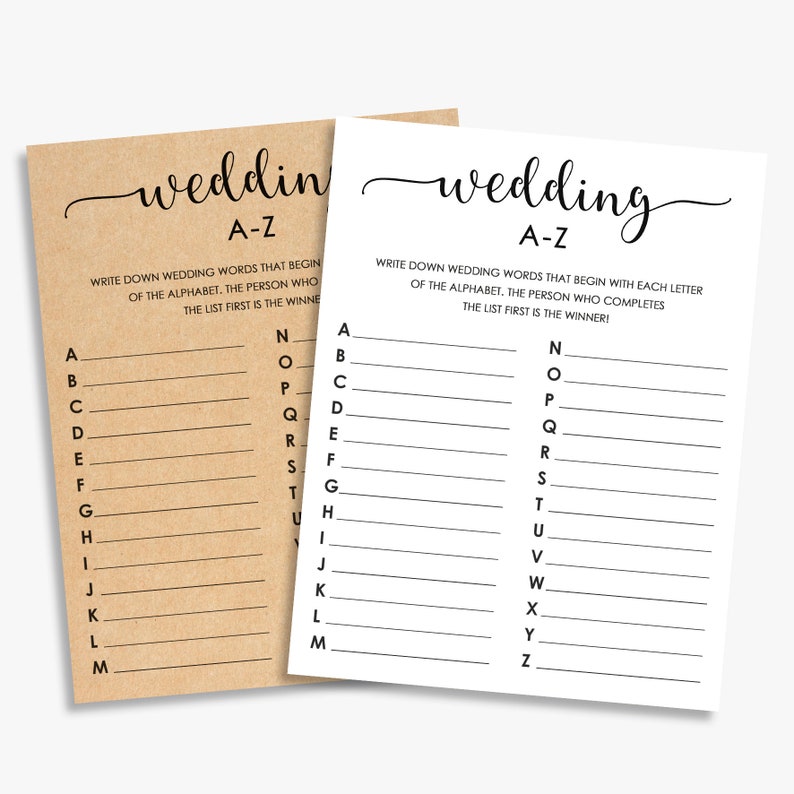 Wedding A-Z Game Rustic Bridal Shower Bridal Alphabet Game - Etsy